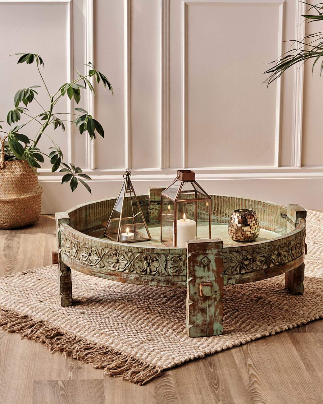 Natural Teak Wood Round Low Height Coffee Table – Mytri Designs